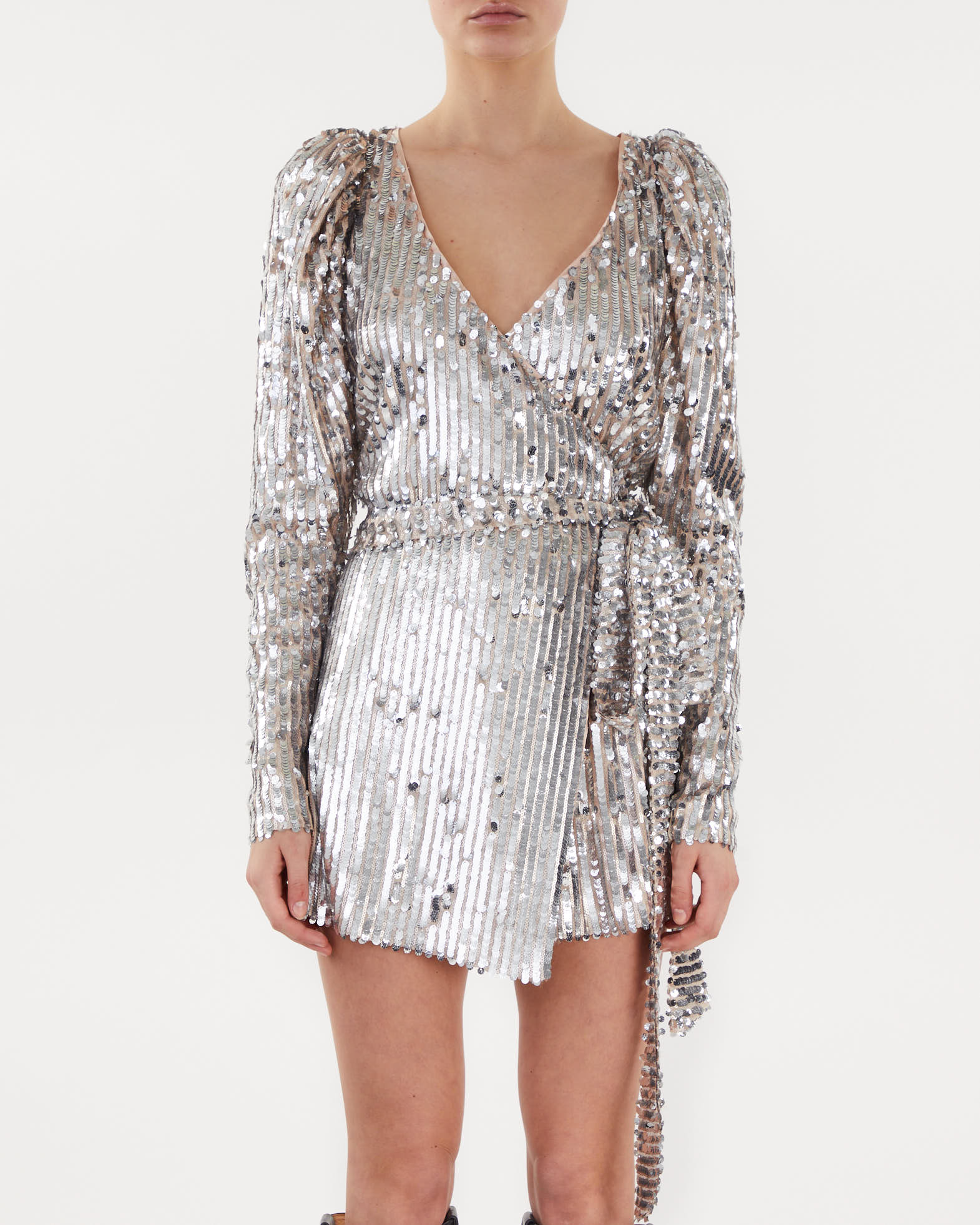 Rotate Briiidget Sequin Wrap Dress Silver | WAKAKUU